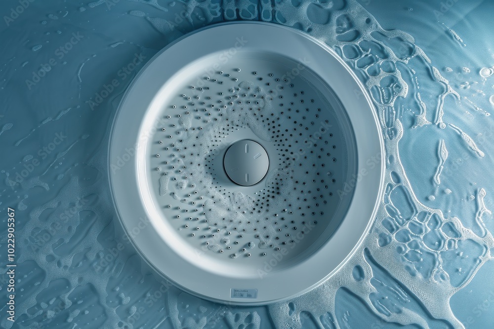 Aerial view of a circular sink with bubbling water and soap suds in a ...