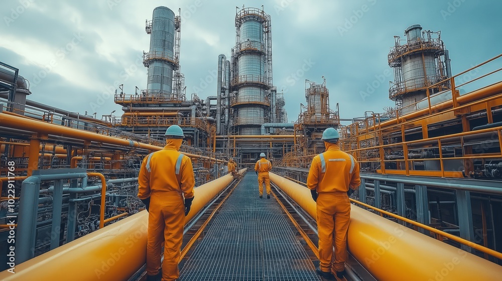 Industrial Refinery Workers: Three workers in bright orange safety ...