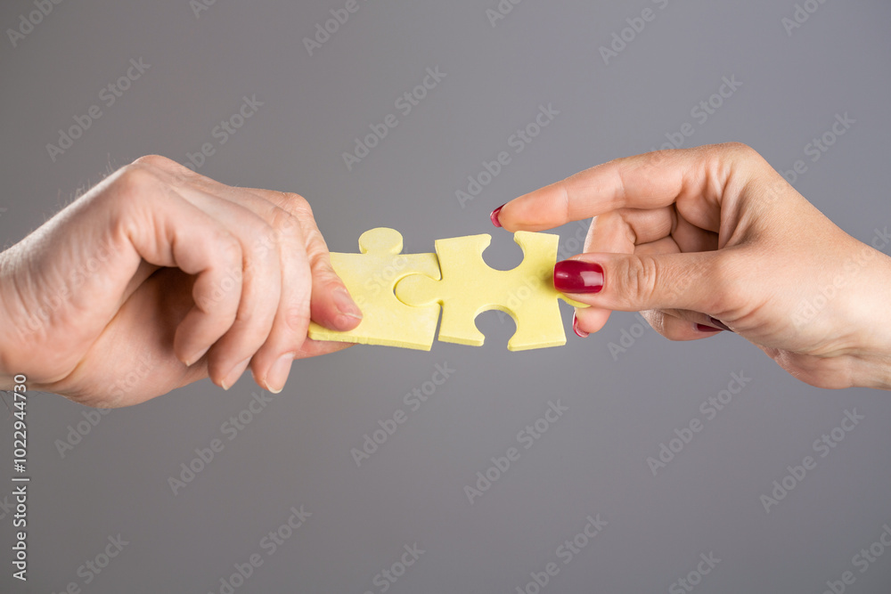 Puzzles. Man and woman holds in hand a jigsaw puzzle. Business ...