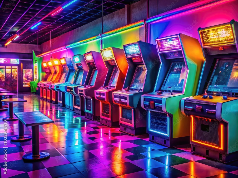 Nostalgic 80s Arcade Scene with Colorful Game Machines and Retro Gaming ...
