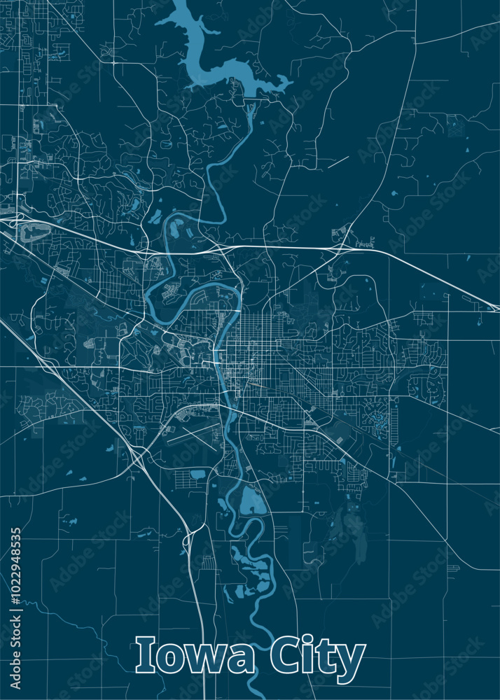 A detailed map of Iowa City, Iowa, rendered in a minimalist style. The ...
