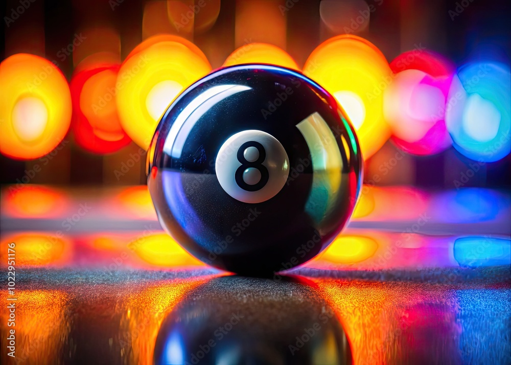 Playful black 8 ball resting on a reflective surface with a mystical ...