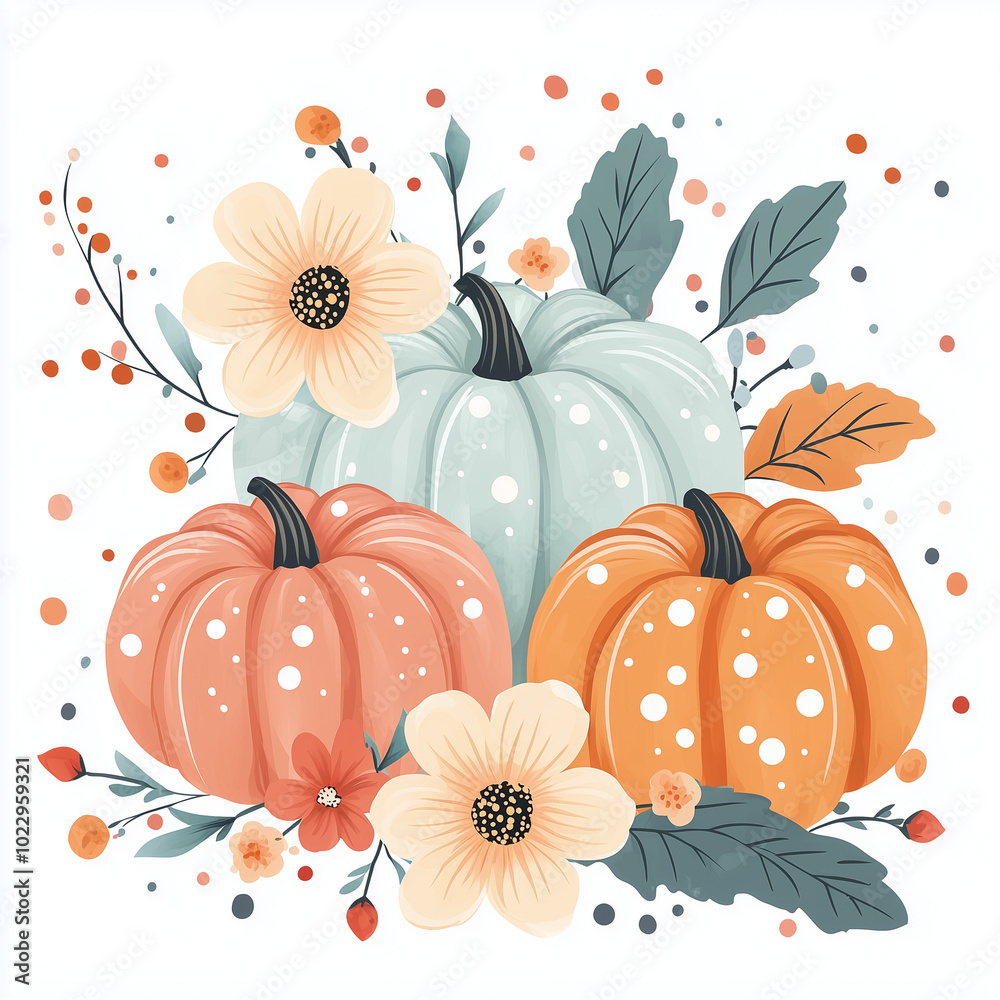 Illustration of pumpkins and flowers with polka dots on a white ...
