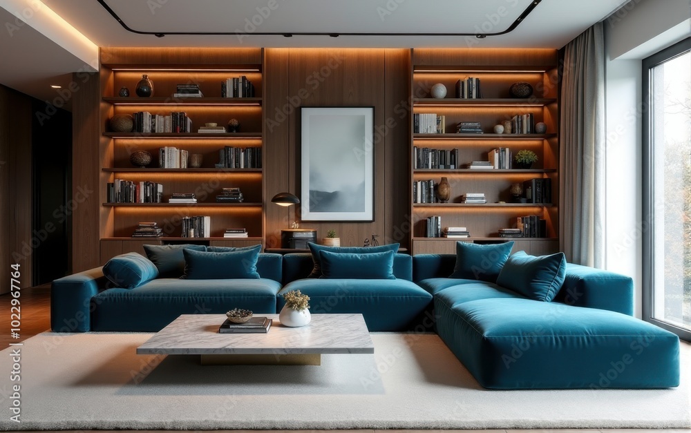 Contemporary design with a library and large sofa. Cozy living room ...