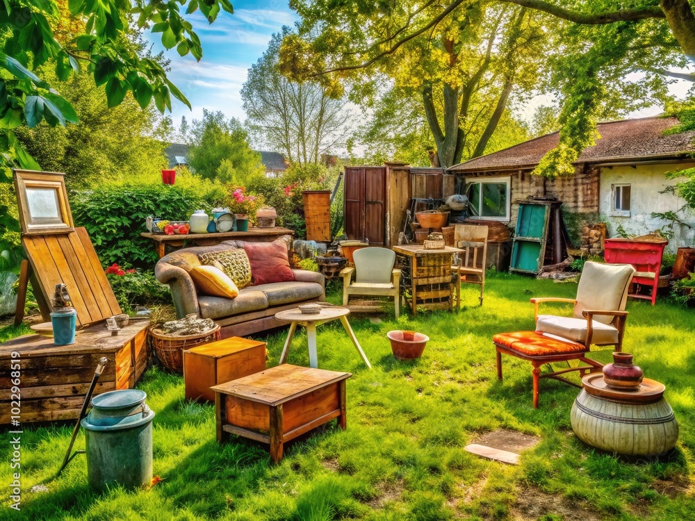 Rustic backyard scene with cluttered lawn, old furniture, and discarded ...