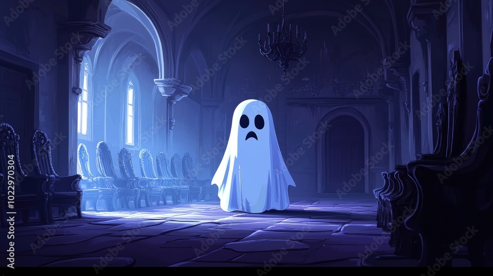 Cartoon ghost in a dark deserted castle hall with thrones Amusing ...
