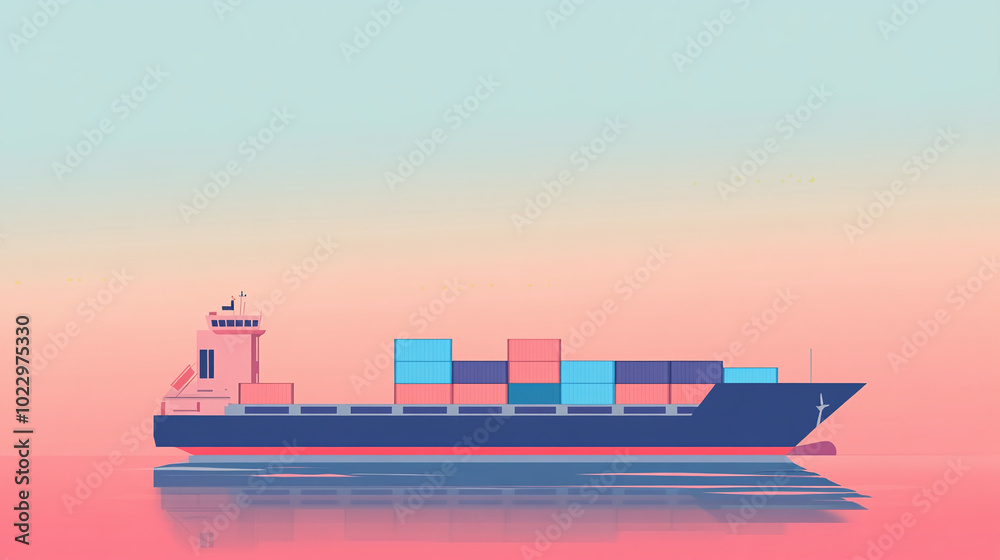 panorama of a large cargo ship in the sea 2d illustration shape looks ...