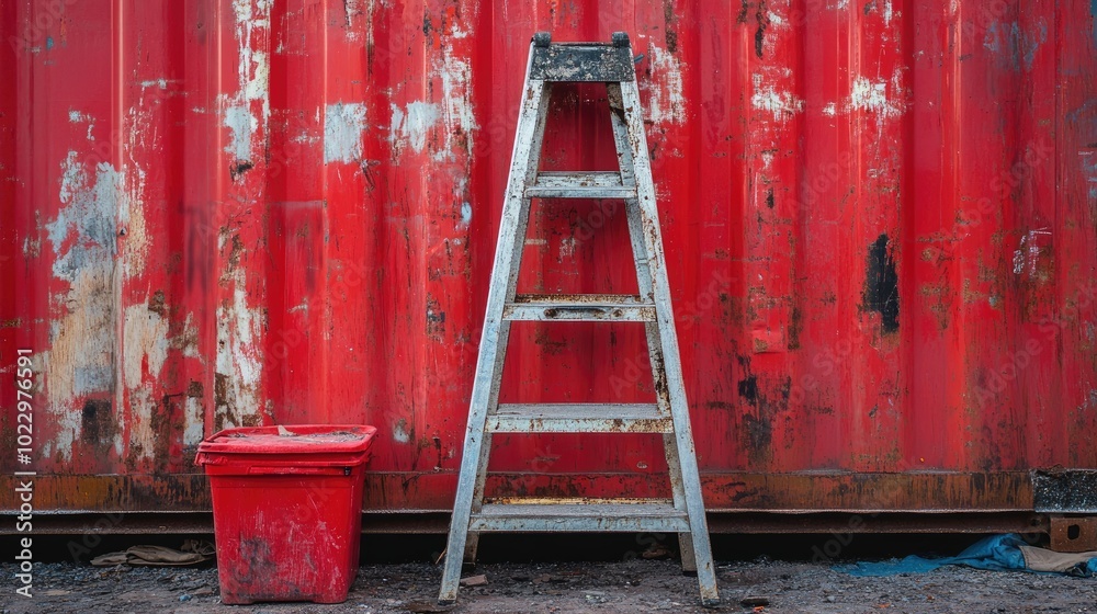 Weathered A-type aluminum ladder, showing damage, propped against a red ...