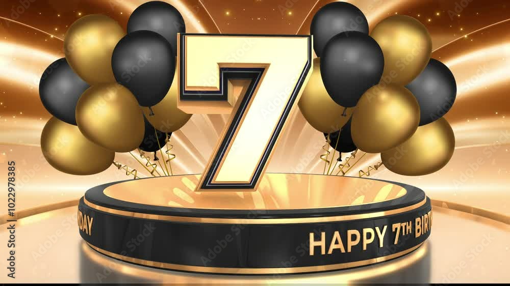 7 year, 7th birthday loop, looped video background, backdrop in 3D Gold ...
