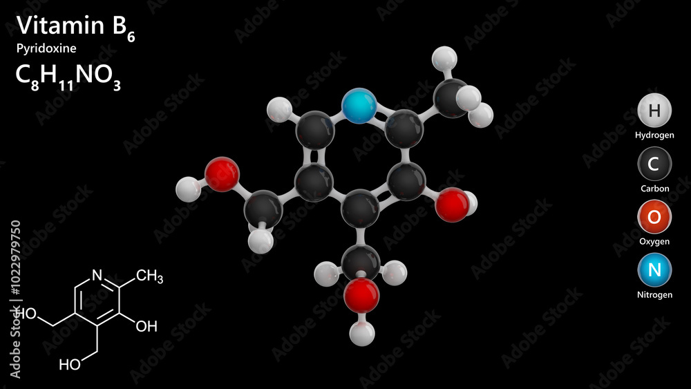 Molecule of Pyridoxine (C8H11NO3), the 4-methanol form of vitamin B6 ...