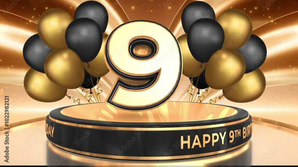 9 year, 9th birthday loop, looped video background, backdrop in 3D Gold ...