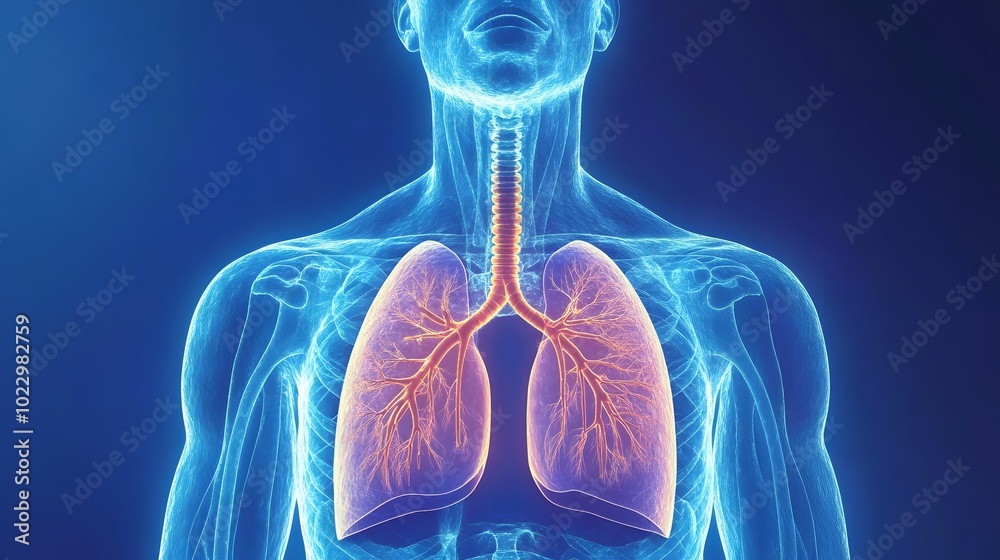 An illustration of the human lungs and airway system, highlighting ...