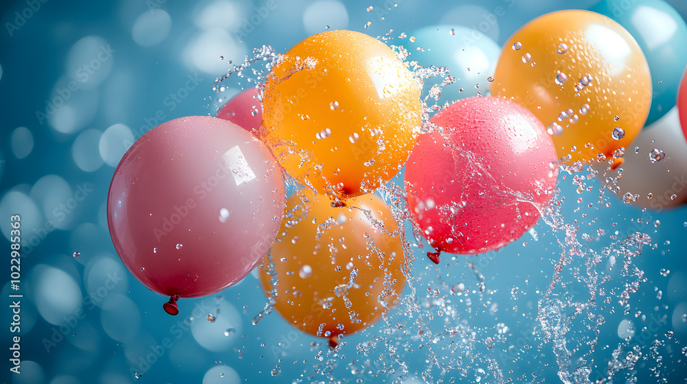 Dynamic Scene of Colorful Balloons Splashed with Water. A lively and ...