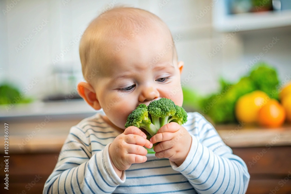 Healthy baby food. The first meal. Feeding the baby. A cute kid tastes ...