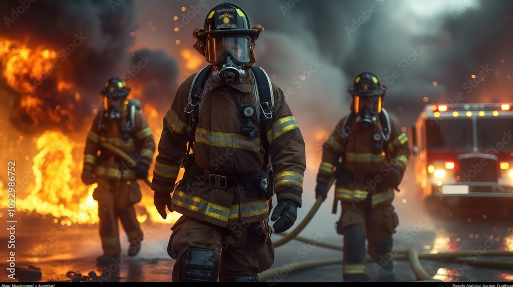 Fire. Emergency service. Professional firefighter extinguishes a fire ...