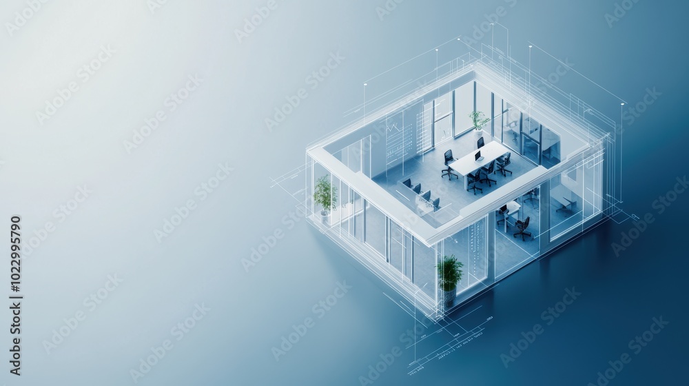 A modern architectural visualization of a transparent office space ...