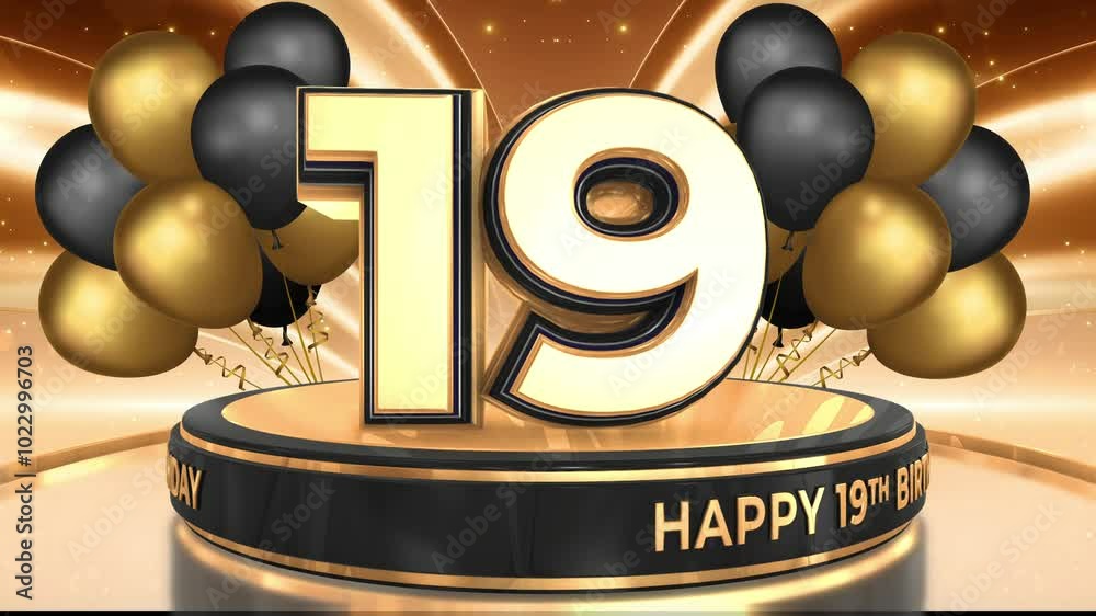 19 year, 19th birthday loop, looped video background, backdrop in 3D ...