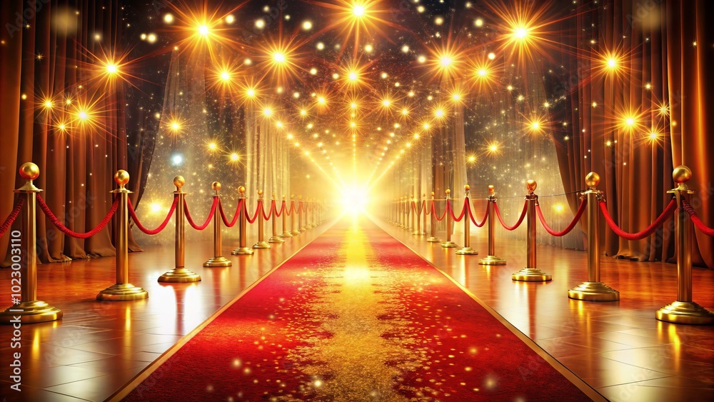 Experience a luxurious red carpet featuring shimmering golden sparkles ...