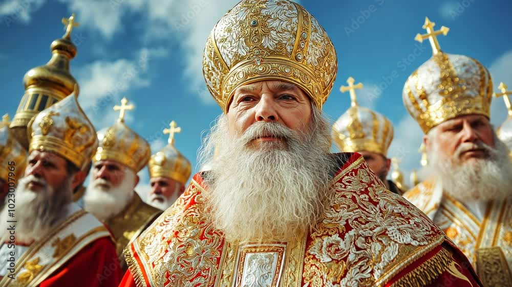 Orthodox bishop in ornate ceremonial robes and golden mitre, capturing ...