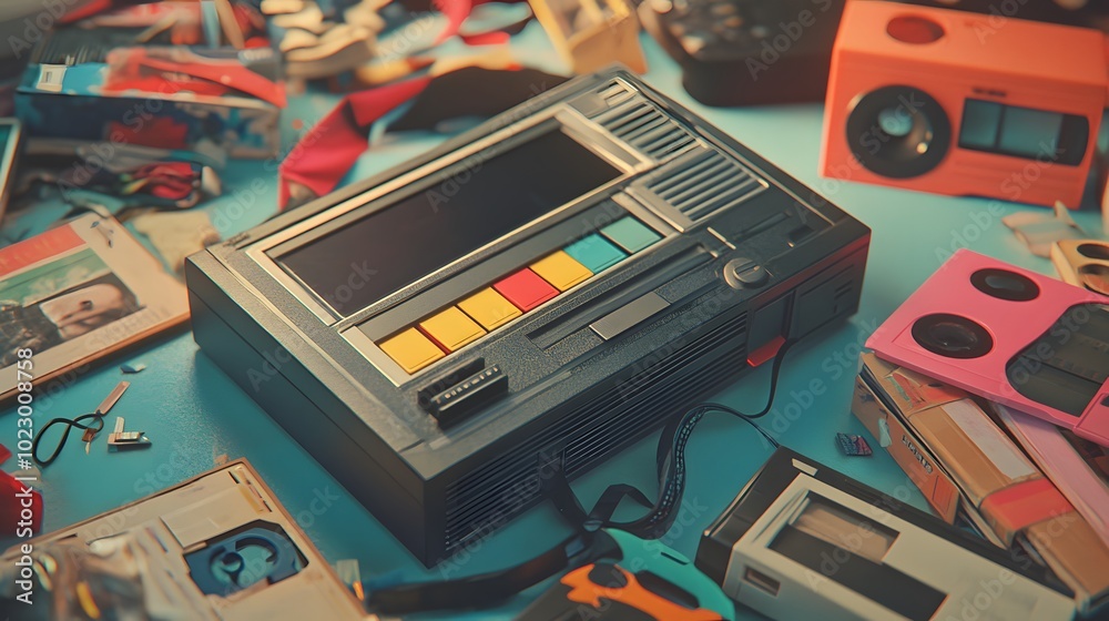 90. A classic 90s VHS player with colorful VHS tapes, placed on a retro ...