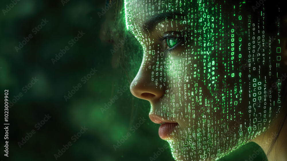 Digitalized face adorned with cascading matrix code, hinting at ... Digitalized face adorned with cascading matrix code, hinting at ...
