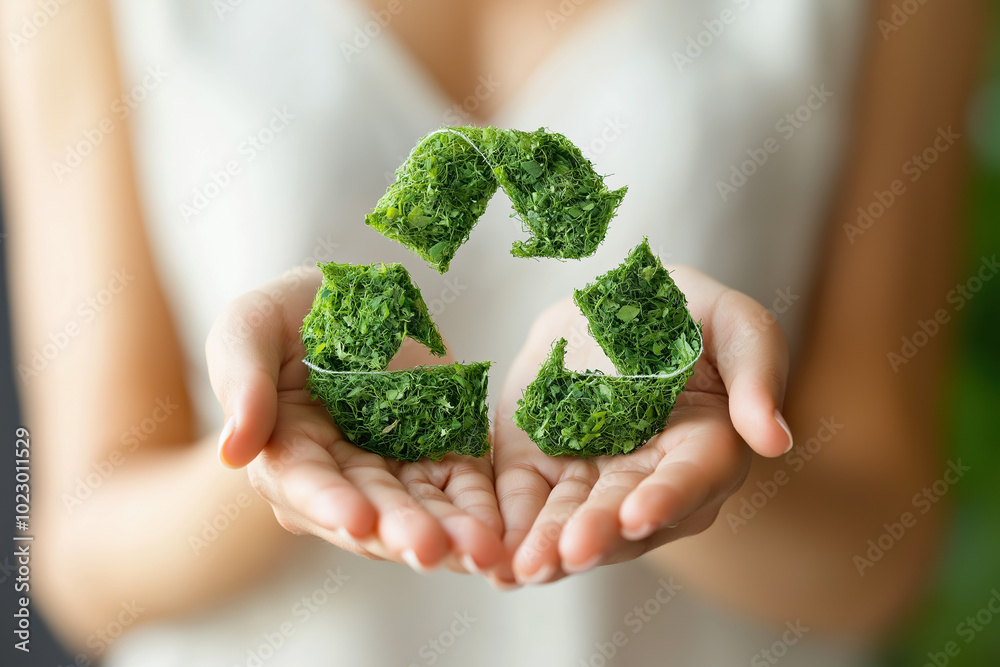 Recycling Logo In Two Hands, Giving A Signal For Recycling Of Various ...