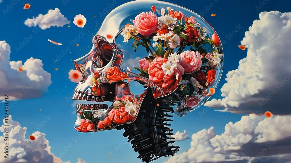 Floating metallic skull adorned with flowers against a bright sky with ...