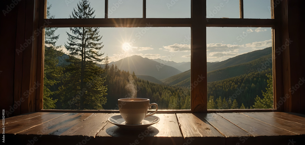 Beatiful Landscape , view from the window of a house cop of tea in the ...