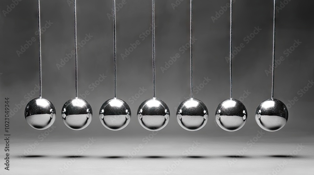 Silver Newton's cradle balls in perfect alignment on a monochromatic ...