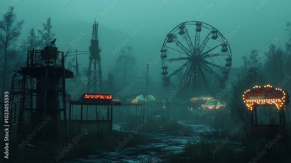 A creepy cartoon-style haunted carnival with rusted rides, broken game ...