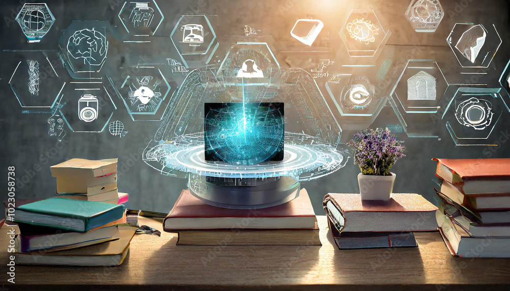 Futuristic study space with floating digital interface, books, and a ...