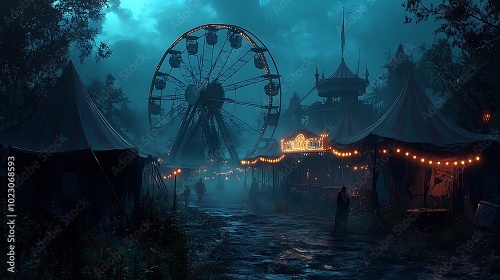 A haunted carnival at night, cartoon style, with a broken Ferris wheel ...