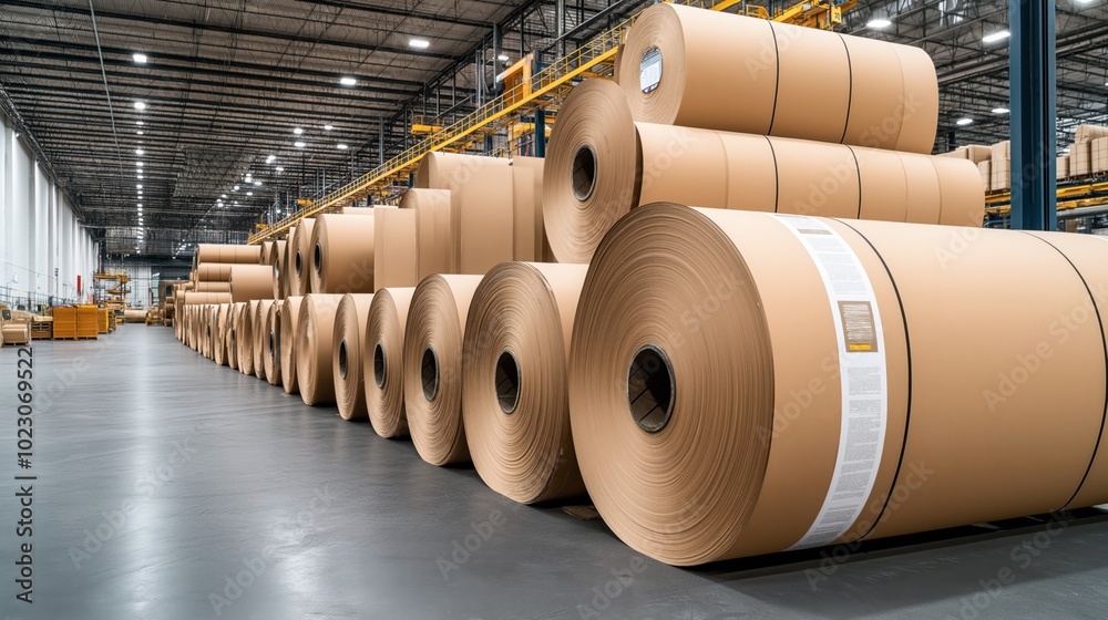 Large rolls of brown kraft paper stacked in a spacious industrial ...