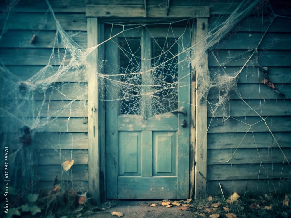 Halloween concept. A mysterious door decorated with spider webs and ...