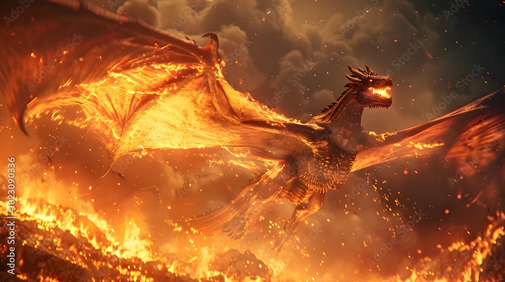 Majestic Fire Winged Dragon Soaring Through Fiery Apocalyptic Landscape ...