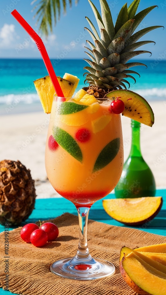 Tropical drink with fruit garnishes on beach table background for ...