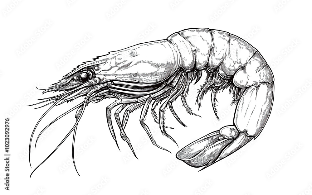 Seafood, shrimp prawn. Vintage retro print, black white seafood shrimp ...