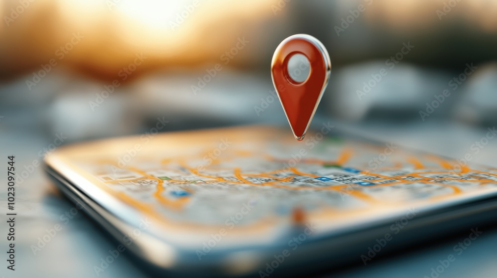 A modern smartphone displaying a digital map with a prominent location ...