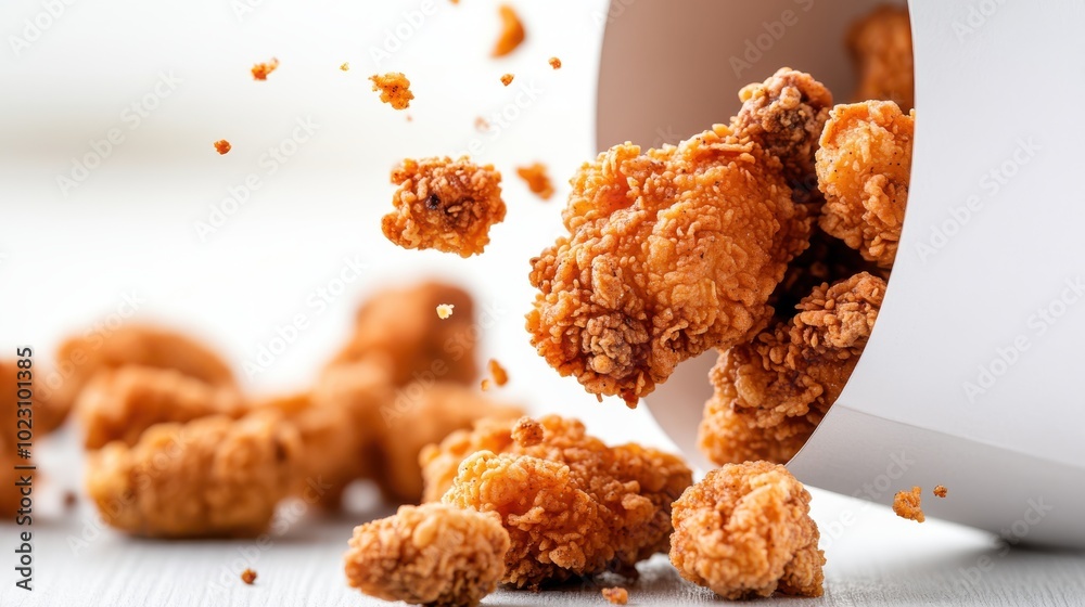 Golden-brown fried chicken pieces spill from a paper bucket ...
