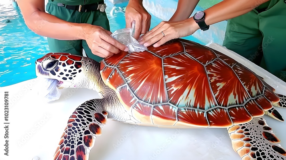 Sea Turtle Rescue: A staged photograph of a marine biologist gently ...