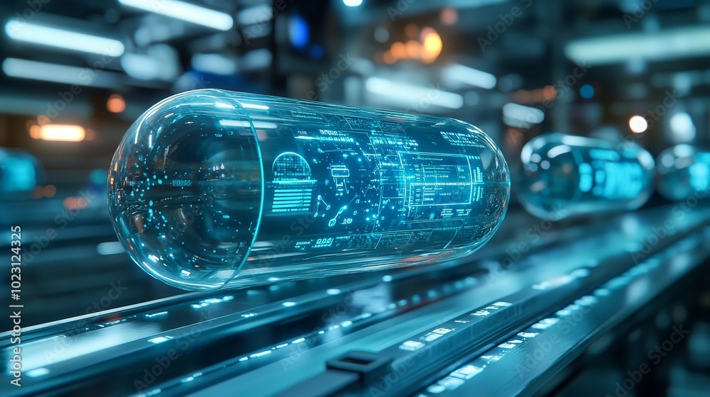 Capsules floating in zero gravity, reflecting holographic health data ...