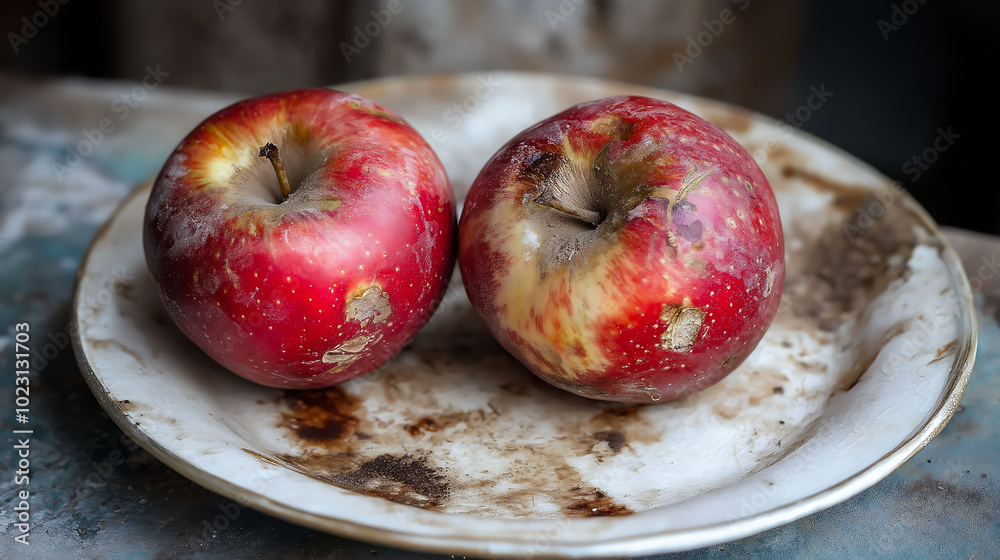 Red apple rotten with dark spots and decay, sitting on a dirty, grimy ...