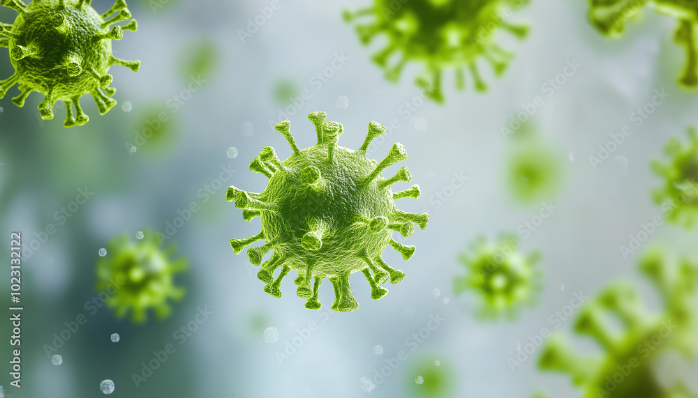 3d microscopic view of floating virus molecules cells under green light ...