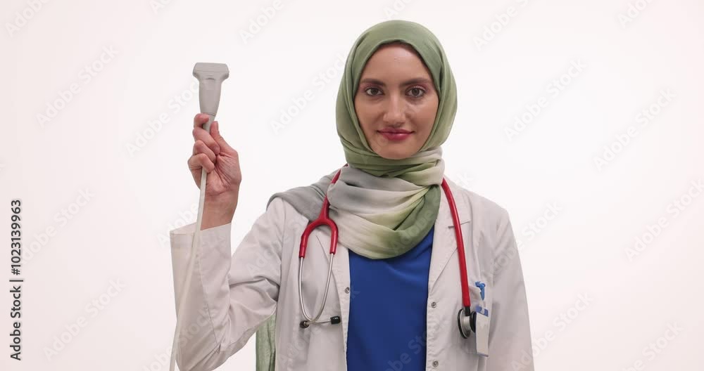Woman doctor in hijab holds ultrasound transducer and scan images ...