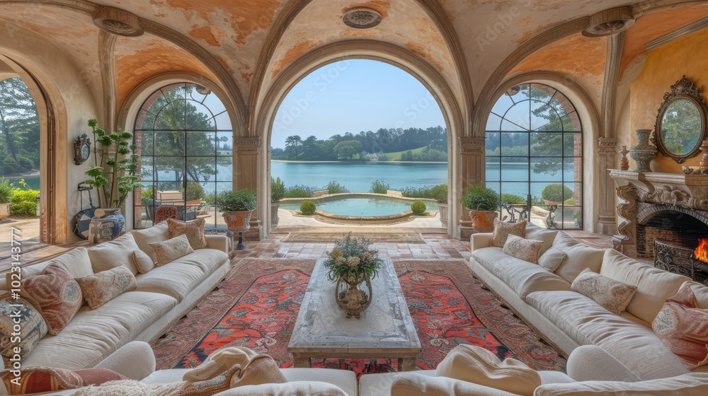 Elegant lakeside villa interior with luxurious furnishings, large ...