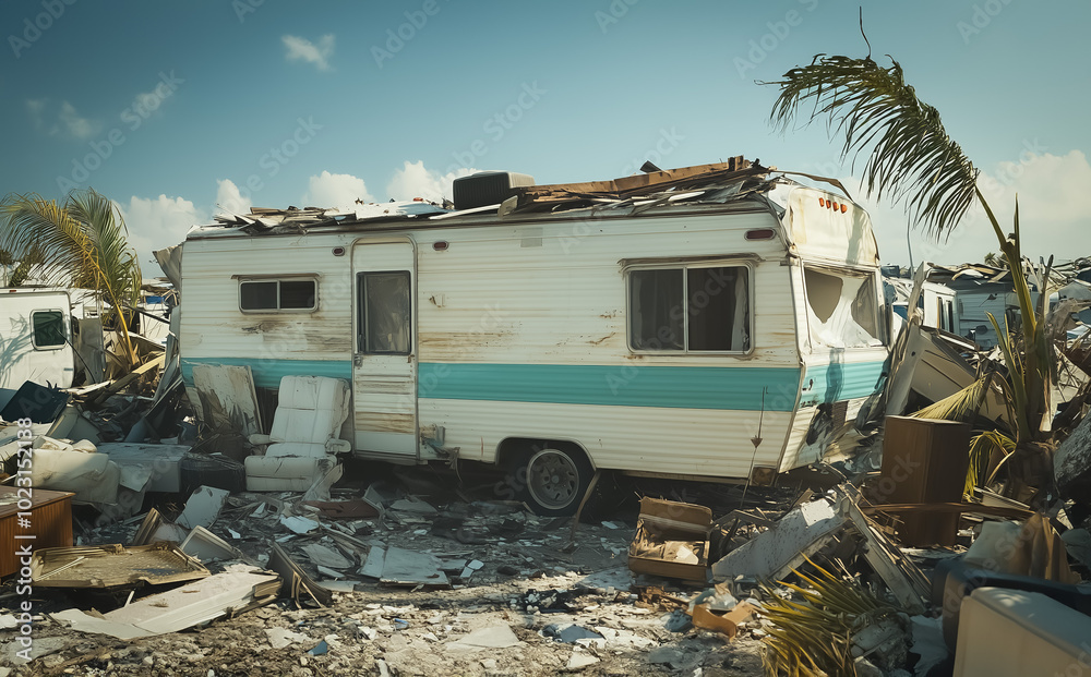 Damaged trailer house in a devastated landscape surrounded by debris ...