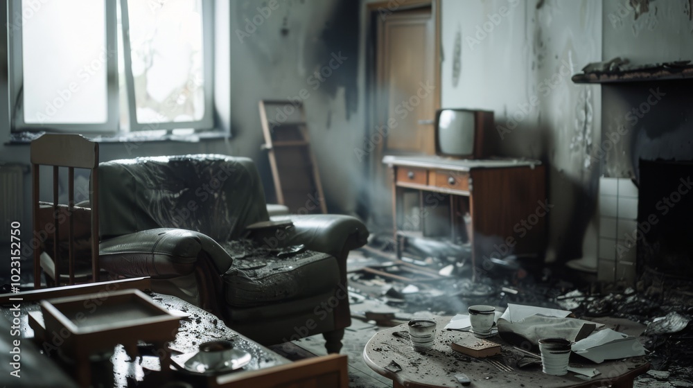 The aftermath of a devastating fire is visible in a living room filled ...