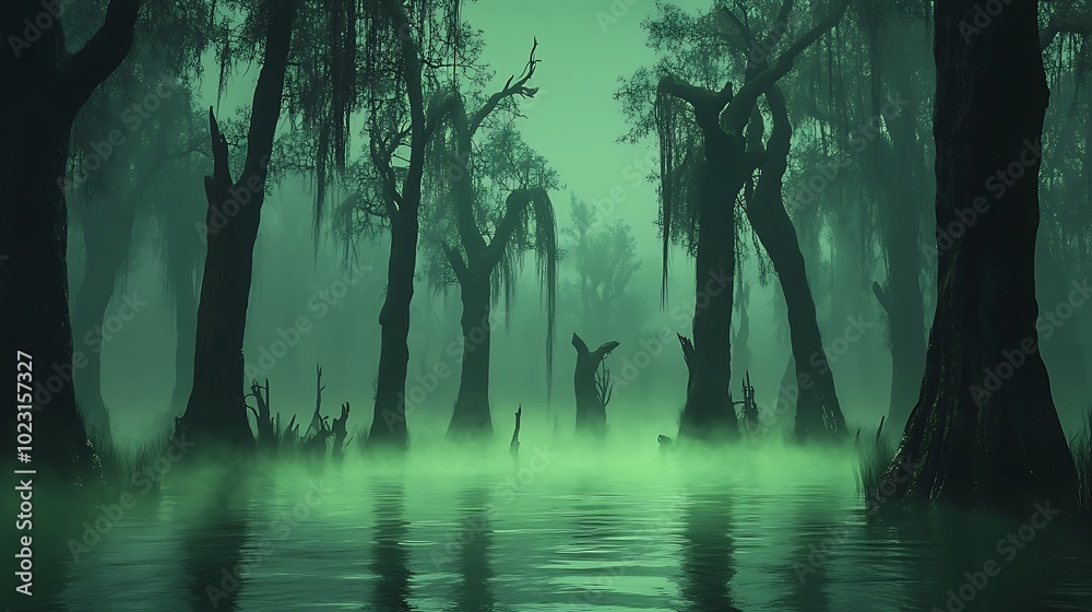 A mysterious cartoon-style swamp filled with crooked, gnarled trees. Green fog rises from the ...