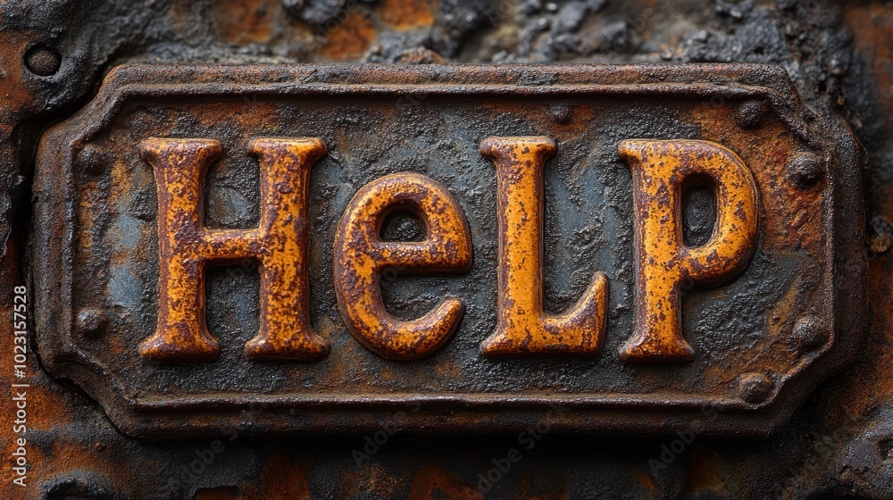 A heavily rusted metal sign with the word HELP in prominent, bold ...