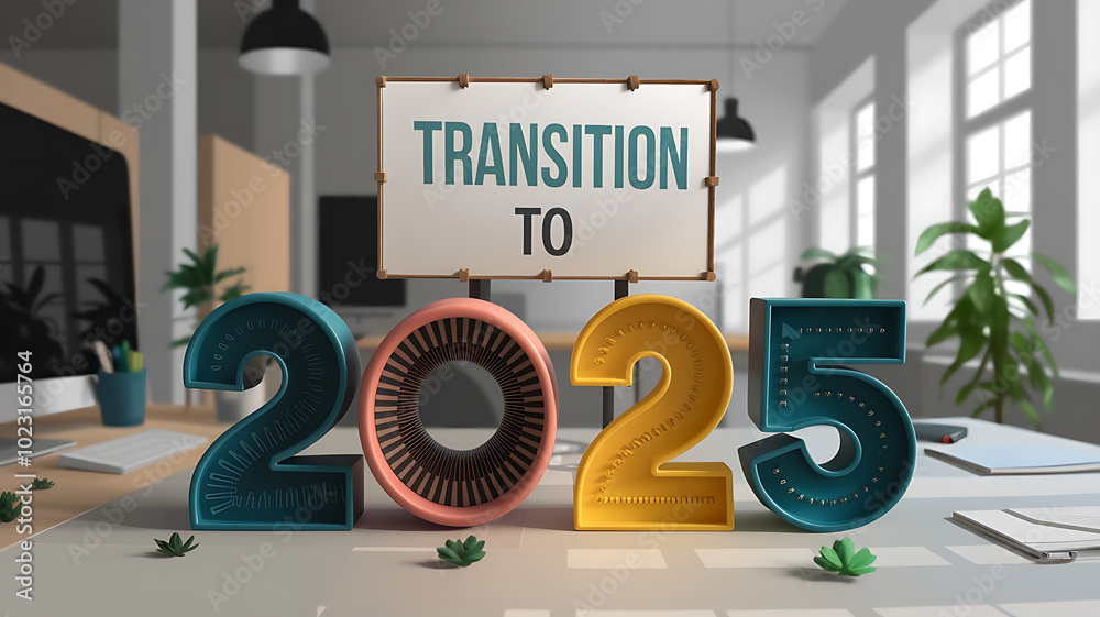 Blue and yellow 3D numbers 2025 with a sign saying Transition to 2025 ...